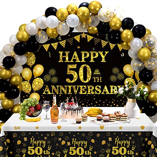 DARUNAXY 50th Wedding Anniversary Decorations, Large Happy 50th Anniversary Banner 70 x 43inch, 50PCS Black Gold Confetti Balloons, 2PCS Tablecloths for Cheer to 50 Year Party Supplies for Men Women