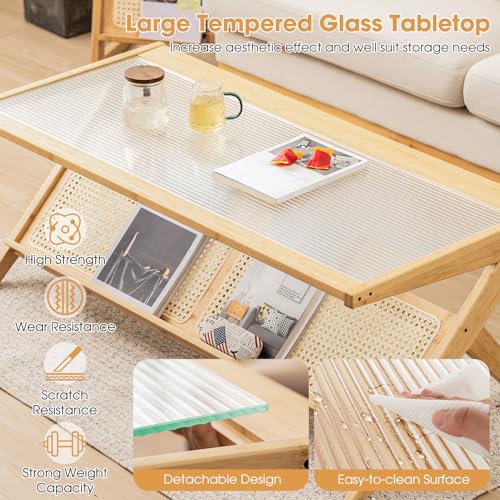GOFLAME Bamboo Coffee Table, 2-Tier Rectangular Coffee Table with Glass Tabletop, Modern Center Table with Handwoven Rattan Storage Shelf, 48” Tea Table Cocktail Table for Living Room, Office, Natural