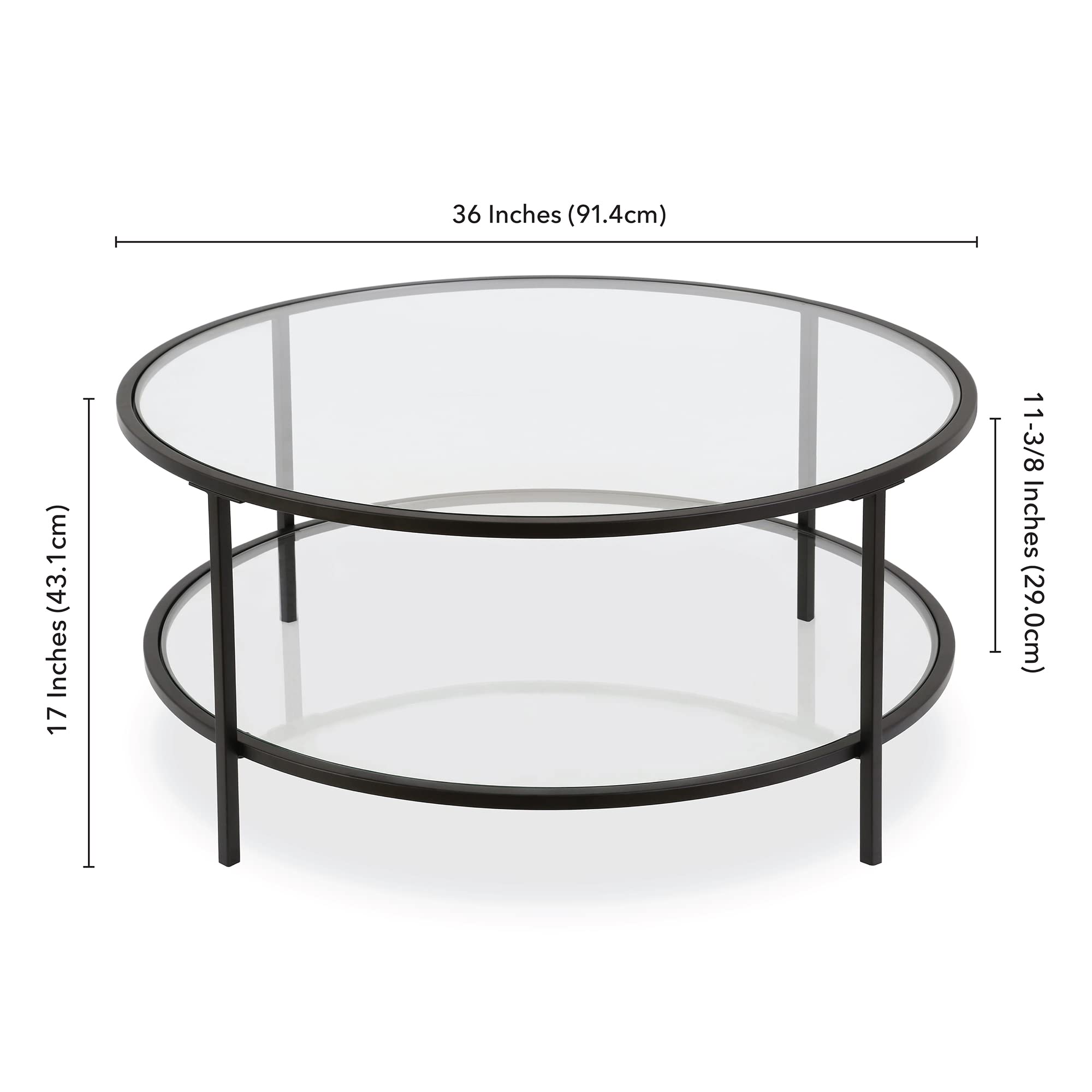 Henn&Hart 36" Wide Round Coffee Table with Glass Top in Blackened Bronze, Modern coffee tables for living room, studio apartment essentials