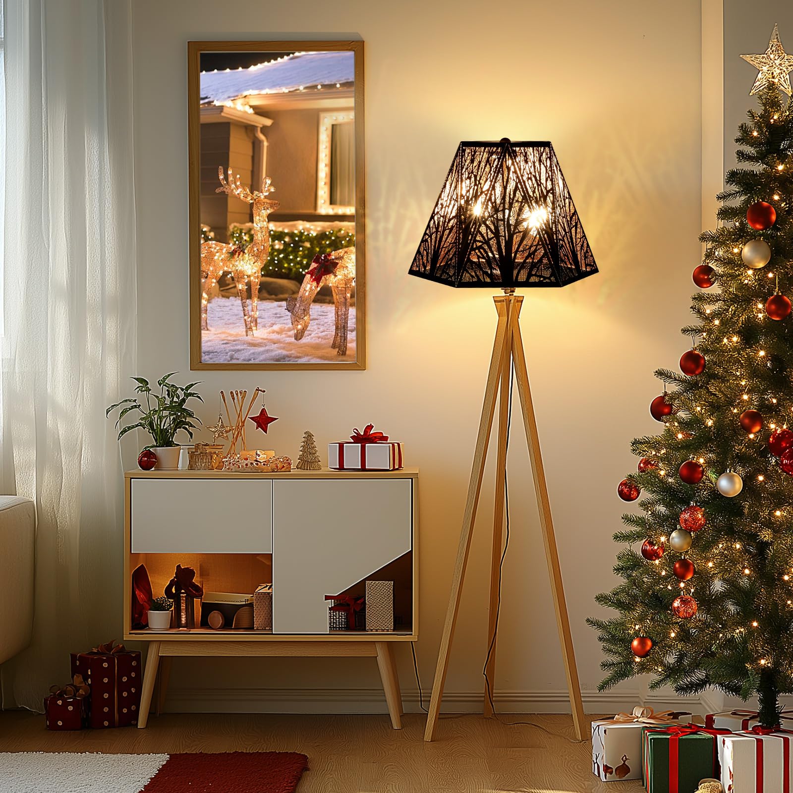 Medium Modern Style Lamp Shades with Multiple Sides, ALUCSET Metal Lampshade with Pattern of Trees for Table Lamp and Floor Light, 7 x 13.8 x 9.5 Inch, Spider (Black/Gold)