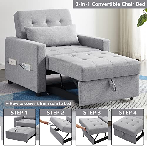 Setawix Convertible Chair Bed 3-in-1, Multi-Functional Sleeper Sofa Chair with Adjustable Backrest, Single Sofa Chair with Side Pocket and Pull Out Bed, Folding Recliner Chair (Linen, Grey)