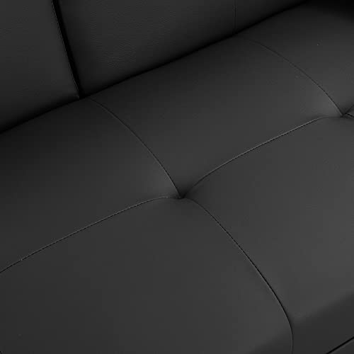 Penifun Convertible Folding Futon Sofa Bed Sleeper Couch for Living Room PU Leather Upholstered Loveseat with Armrest & Two Cup Holders, Solid Wood Frame/Stainless Leg, Black
