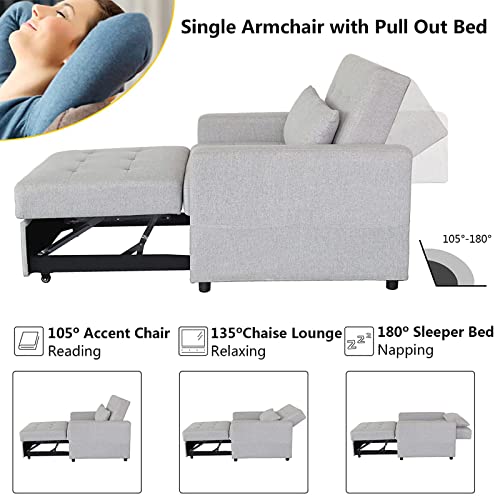 Setawix Convertible Chair Bed 3-in-1, Multi-Functional Sleeper Sofa Chair with Adjustable Backrest, Single Sofa Chair with Side Pocket and Pull Out Bed, Folding Recliner Chair (Linen, Grey)