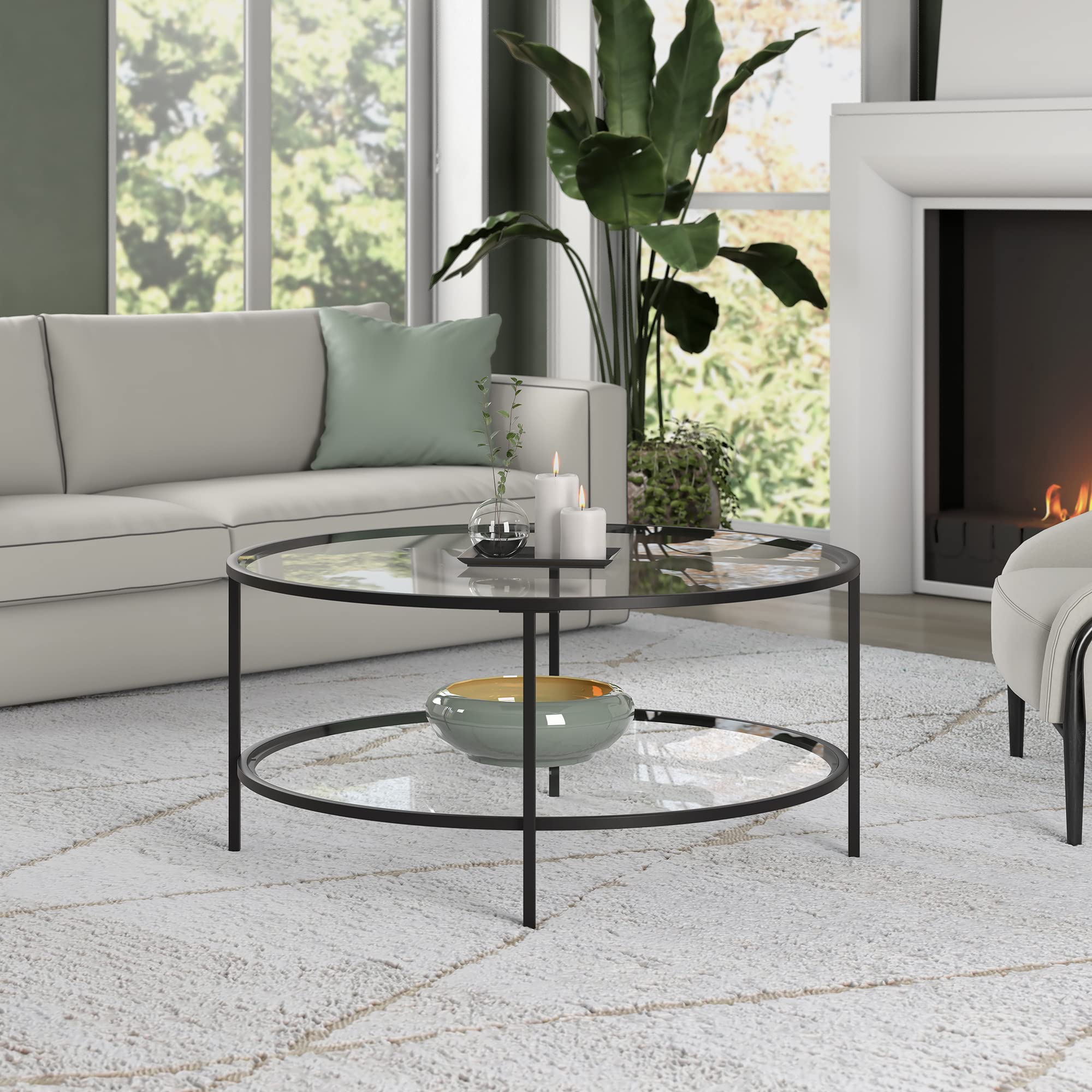 Henn&Hart 36" Wide Round Coffee Table with Glass Top in Blackened Bronze, Modern coffee tables for living room, studio apartment essentials