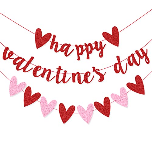 Red Glittery Happy Valentines Day Banner and Red Pink Glittery Heart Garland Banner Valentines Day Decorations No DIY Romantic Paper Garland Banner Valentine Day Bunting Photo Props