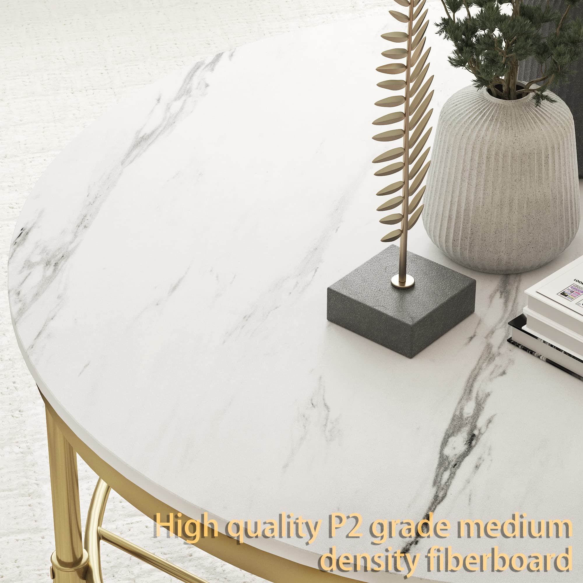 Gezen Round Coffee Table for Living Room, 2-Tier Modern Coffee Table with Open Storage Shelf, Industrial Rustic Steel Accent Table, Wooden Tabletop, Metal Frame - Marble White with Gold Frame