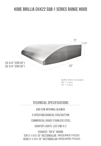 KOBE CHX2230SQB-1 Brillia 30-inch Under Cabinet Range Hood, 3-Speed, 680 CFM, LED Lights, Baffle Filters, Stainless Steel