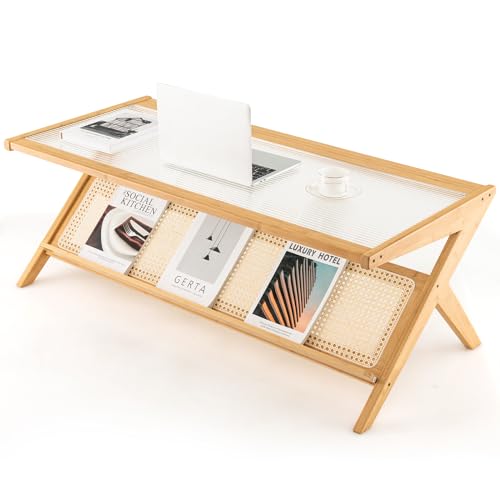 GOFLAME Bamboo Coffee Table, 2-Tier Rectangular Coffee Table with Glass Tabletop, Modern Center Table with Handwoven Rattan Storage Shelf, 48” Tea Table Cocktail Table for Living Room, Office, Natural