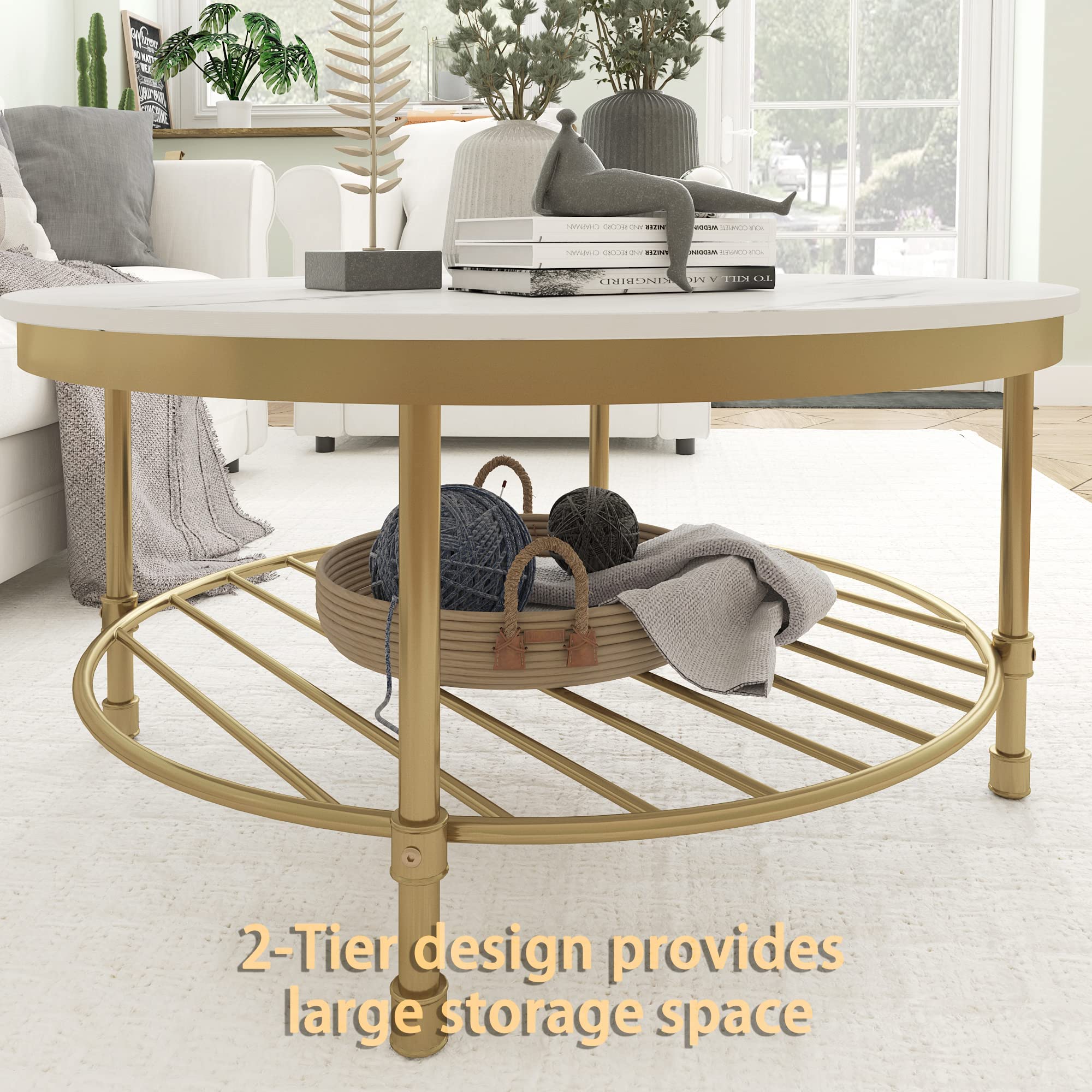 Gezen Round Coffee Table for Living Room, 2-Tier Modern Coffee Table with Open Storage Shelf, Industrial Rustic Steel Accent Table, Wooden Tabletop, Metal Frame - Marble White with Gold Frame
