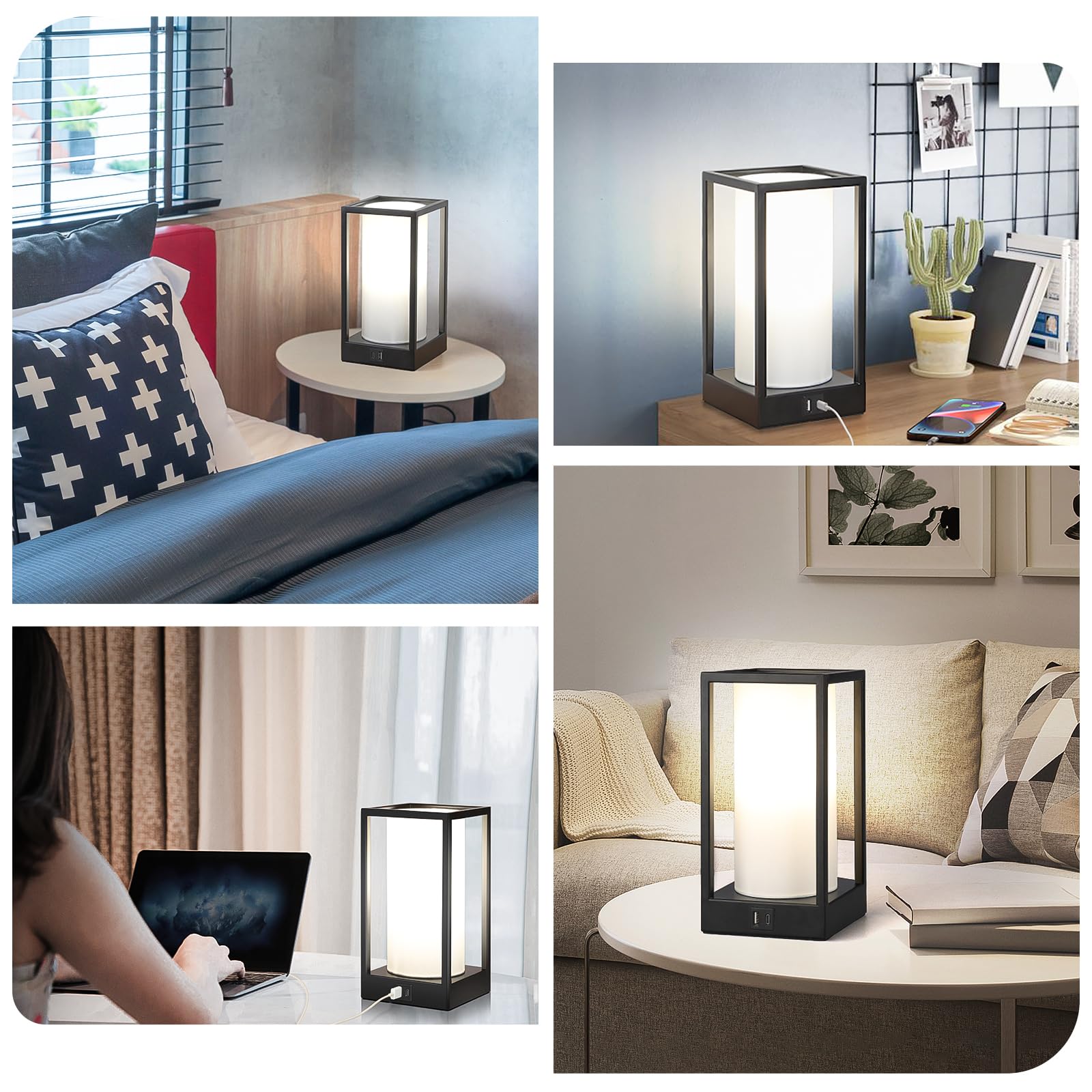 GGOYING Bedside Table Lamp,Touch Control Table Lamp with 3-Way Dimming,USB C Charging Ports,LED Bulb,Black Metal Body and White Fabric Lampshade Bedroom Lamp