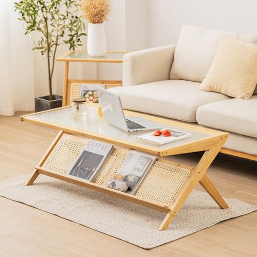 GOFLAME Bamboo Coffee Table, 2-Tier Rectangular Coffee Table with Glass Tabletop, Modern Center Table with Handwoven Rattan Storage Shelf, 48â Tea Table Cocktail Table for Living Room, Office, Natural