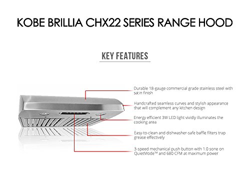 KOBE CHX2230SQB-1 Brillia 30-inch Under Cabinet Range Hood, 3-Speed, 680 CFM, LED Lights, Baffle Filters, Stainless Steel