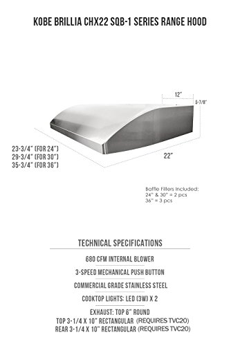 KOBE CHX2230SQB-1 Brillia 30-inch Under Cabinet Range Hood, 3-Speed, 680 CFM, LED Lights, Baffle Filters, Stainless Steel
