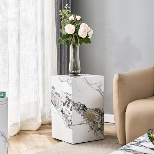 HESIEU Accent Table Side Table with Faux Marble Pattern Modern White Coffee Table Cube Stylish Accent Center Table Cocktail Table Marble Nightstand for Living Room Bedroom Office Dining Room
