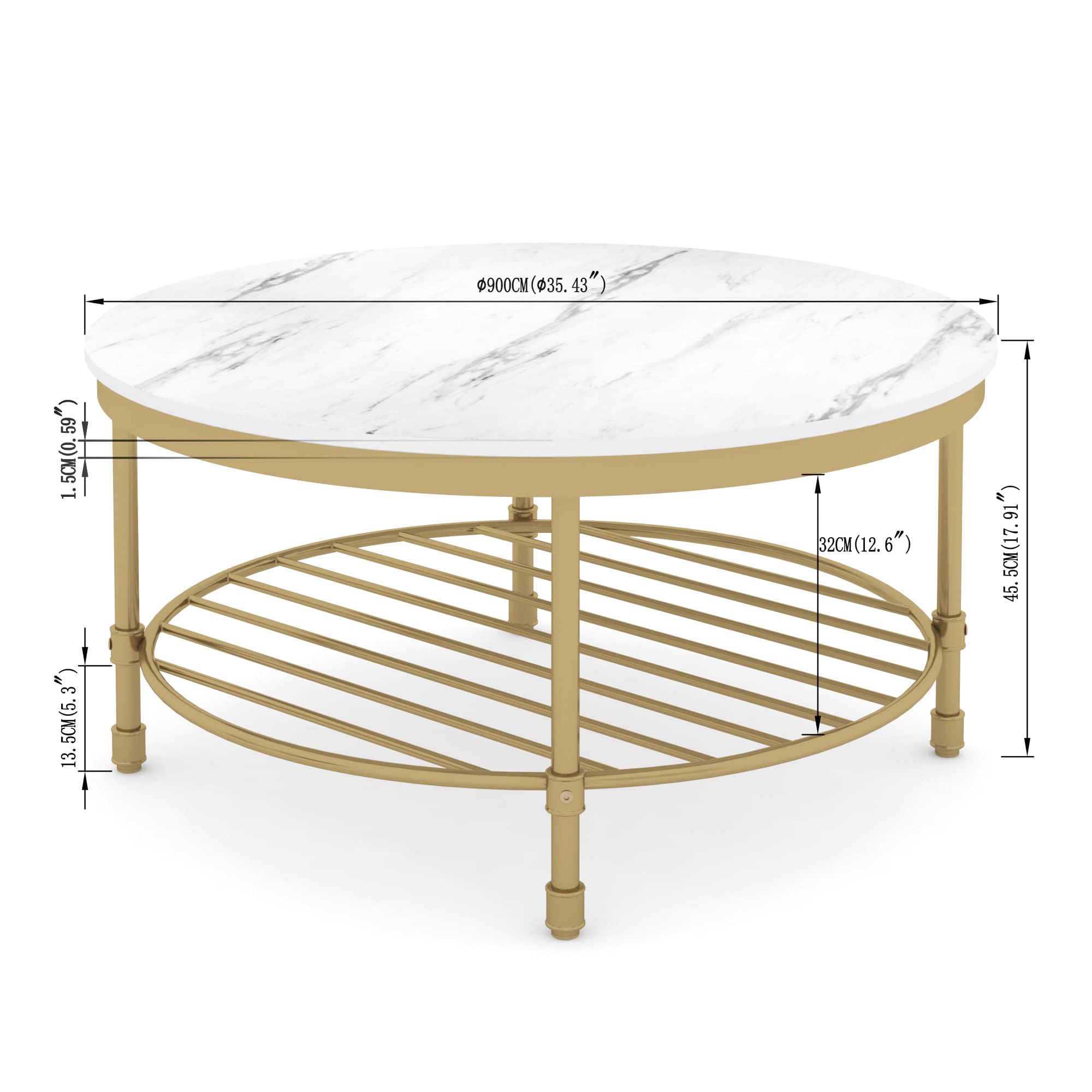 Gezen Round Coffee Table for Living Room, 2-Tier Modern Coffee Table with Open Storage Shelf, Industrial Rustic Steel Accent Table, Wooden Tabletop, Metal Frame - Marble White with Gold Frame