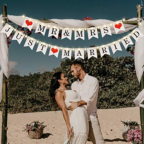 Mr and Mrs Just Married Banner, Wedding Bunting Banner with LED Fairy String Light 8 Flicker Mode, Hanging Sign Garland Pennant Photo Booth Props for Bridal Shower Wedding Engagement Car Party