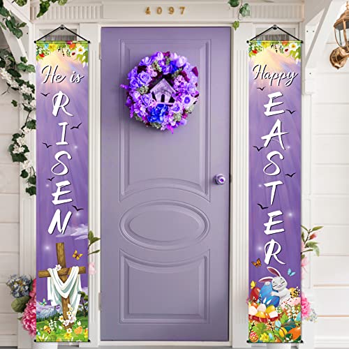 Happy Easter He Is Risen Porch Sign Banner Happy Easter Door Banners Easter Party Hanging Banner Decorations for Home Outdoor Indoor Wall Front Door Decor, 2 Pcs