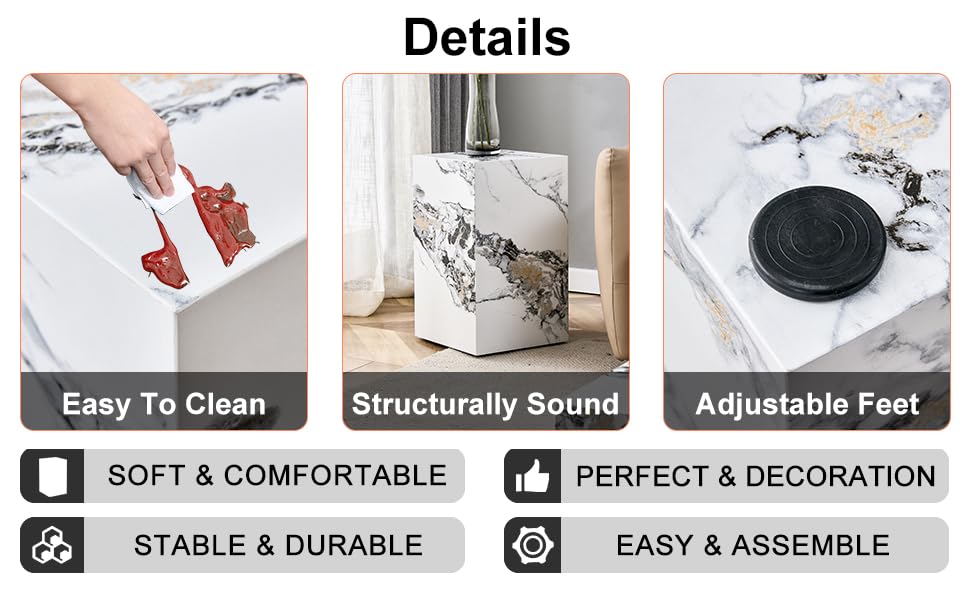 HESIEU Accent Table Side Table with Faux Marble Pattern Modern White Coffee Table Cube Stylish Accent Center Table Cocktail Table Marble Nightstand for Living Room Bedroom Office Dining Room