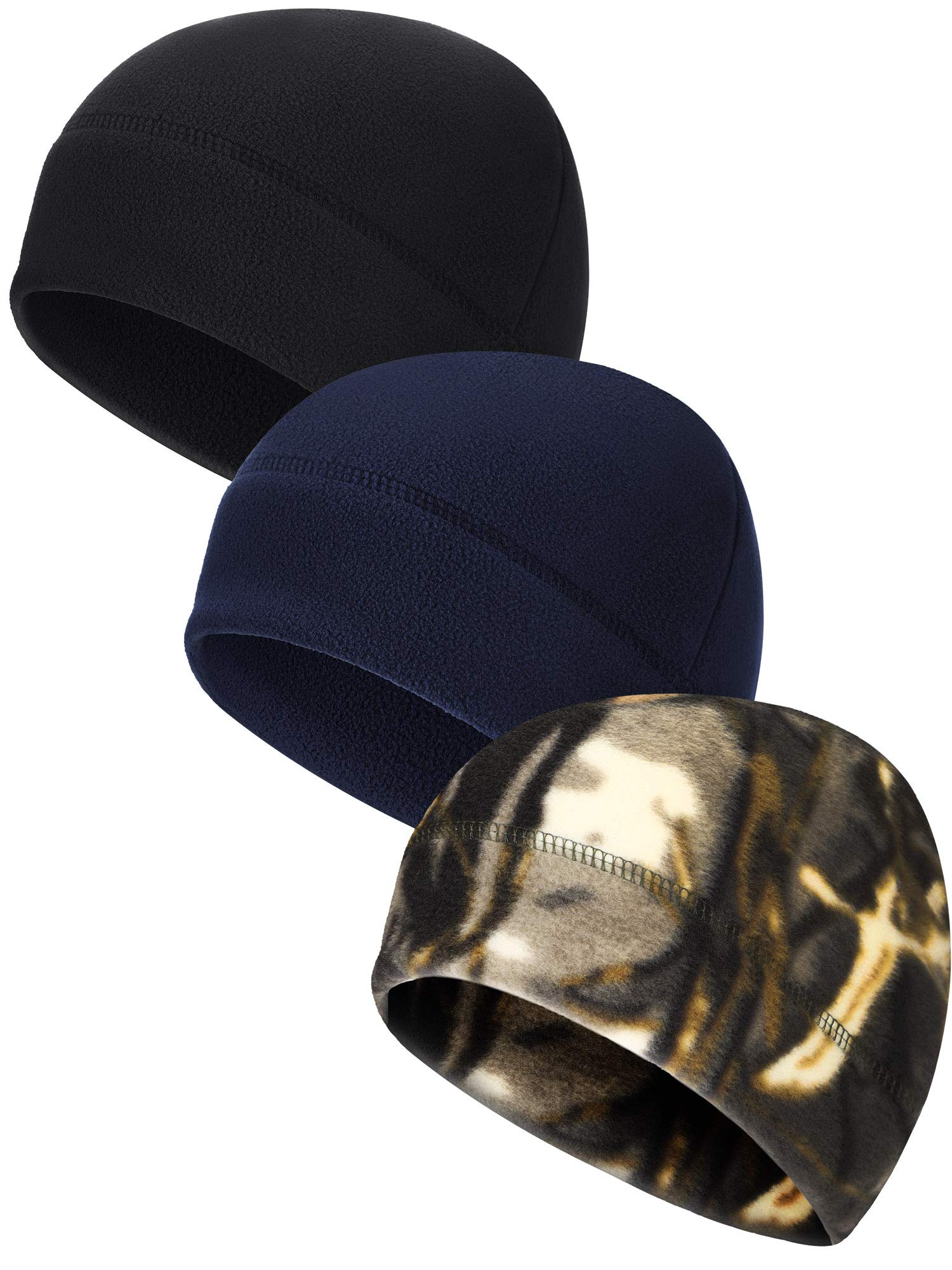 3 Pieces Winter Warm Skull Cap Soft Fleece Beanie Hat Thick Windproof Watch Cap Skiing Outdoor Warm Colored for Men Women(Navy Blue, Black, Camo,Plus Size)