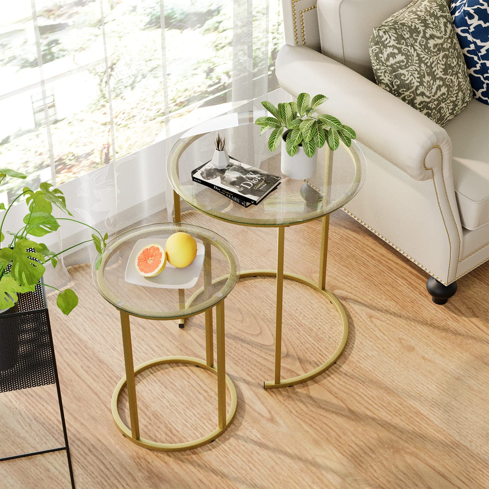 Azheruol Nesting Coffee Table Set of 2,Modern Gold Tempered Glass Side Table, Metal Frame Round End Table.Small Glass Tea Table for Living Room,Bedroom Studio Apartment Essentials,23.2in
