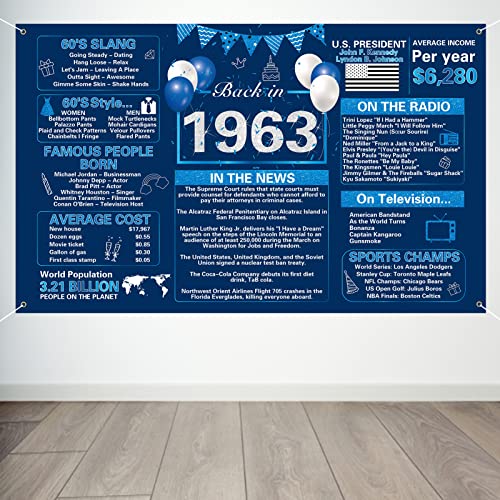 Crenics Blue Silver 60th Birthday Decorations, Vintage Back in 1963 Birthday Backdrop Banner, Large 60 Years Old Birthday Anniversary Poster Photo Background Party Supplies for Women Men, 5.9 x 3.6 Ft
