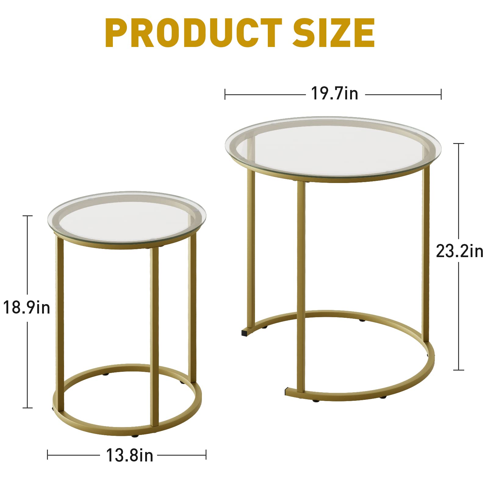 Azheruol Nesting Coffee Table Set of 2,Modern Gold Tempered Glass Side Table, Metal Frame Round End Table.Small Glass Tea Table for Living Room,Bedroom Studio Apartment Essentials,23.2in