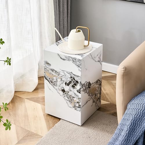 HESIEU Accent Table Side Table with Faux Marble Pattern Modern White Coffee Table Cube Stylish Accent Center Table Cocktail Table Marble Nightstand for Living Room Bedroom Office Dining Room