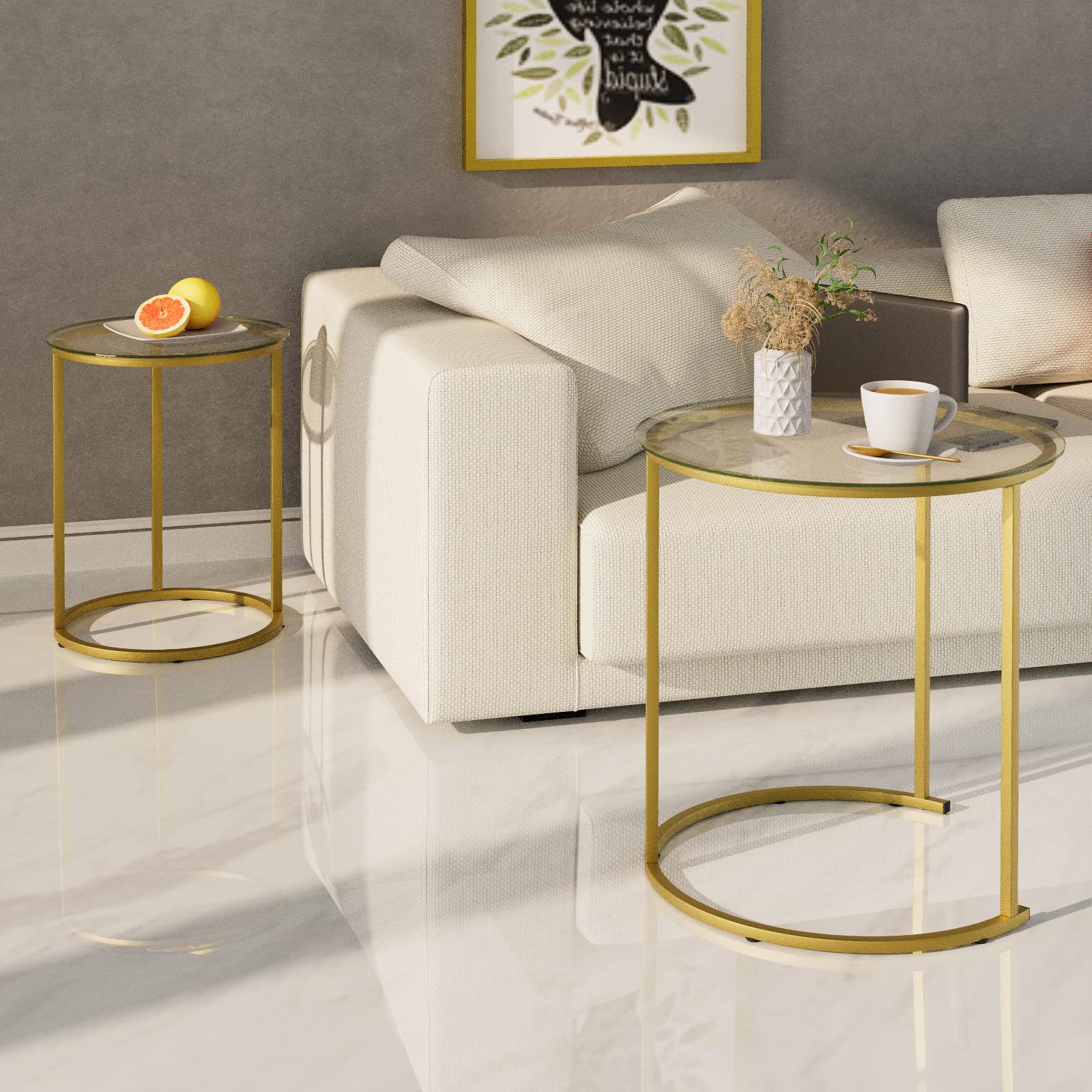 Azheruol Nesting Coffee Table Set of 2,Modern Gold Tempered Glass Side Table, Metal Frame Round End Table.Small Glass Tea Table for Living Room,Bedroom Studio Apartment Essentials,23.2in