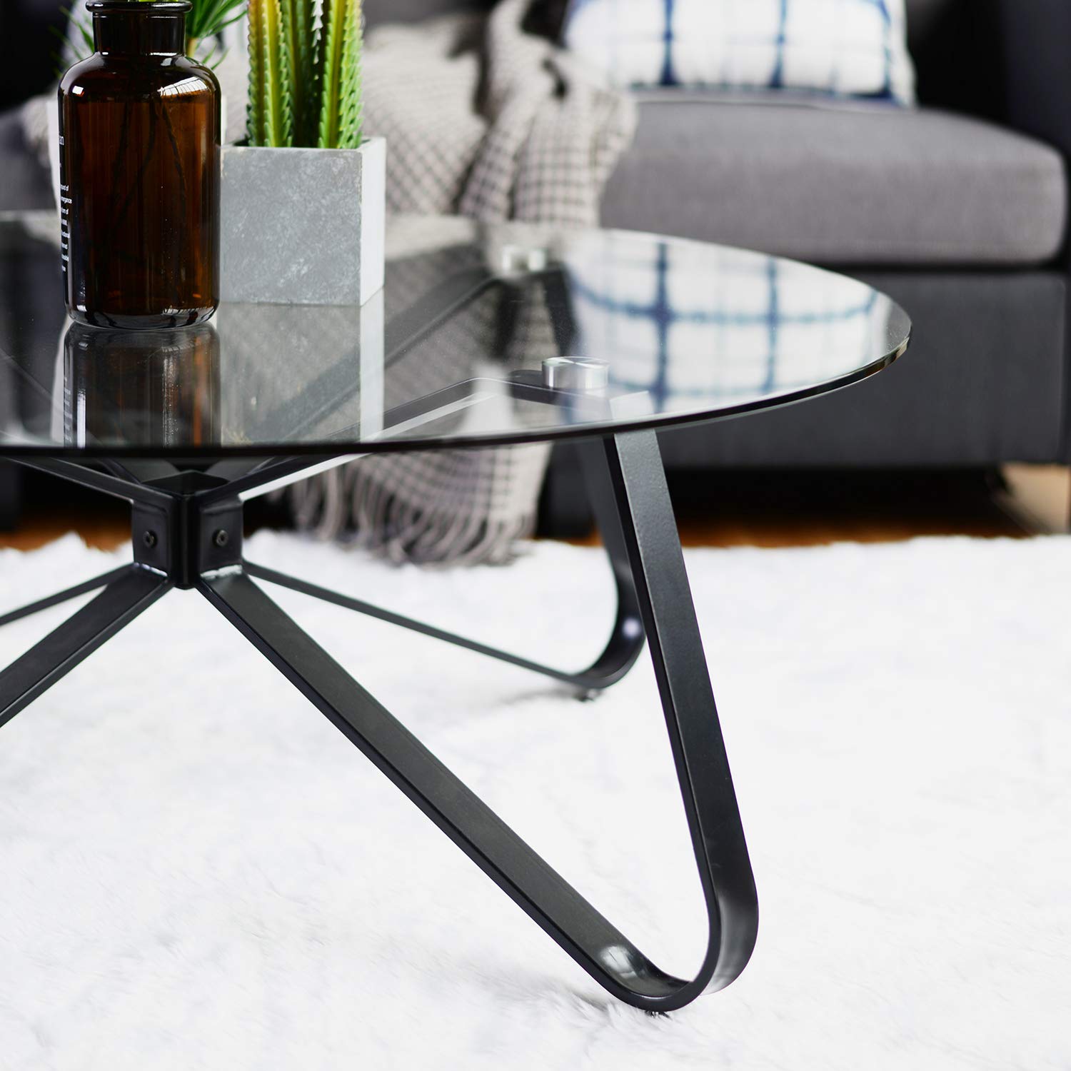 wOod-it Round Coffee Table 31.5" Tempered Glass Top Black Metal Center Tables Small Circle Modern for Living Room