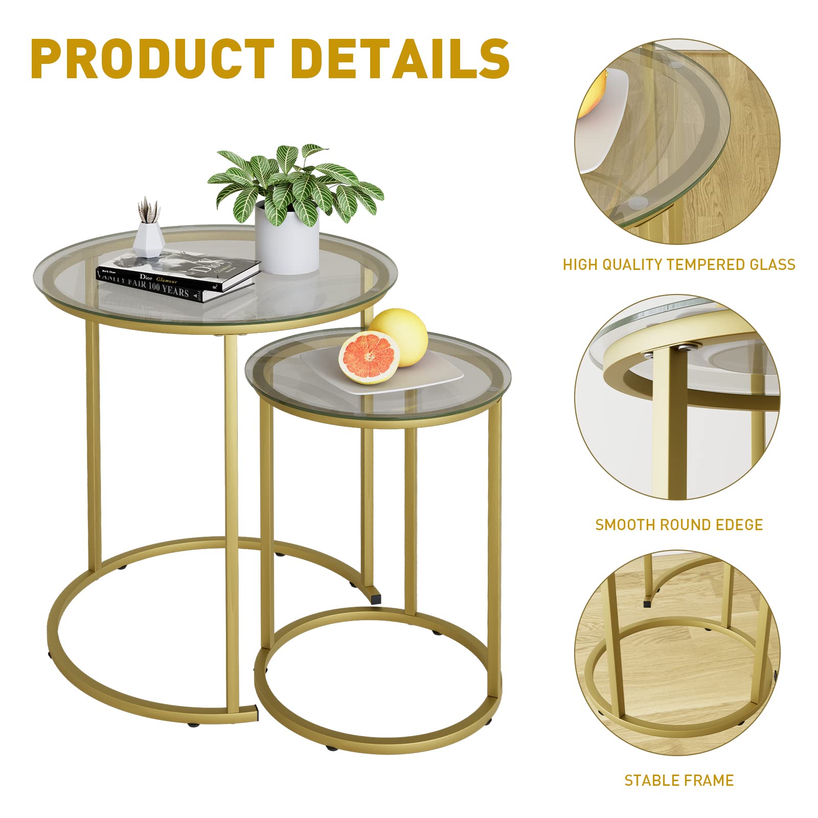 Azheruol Nesting Coffee Table Set of 2,Modern Gold Tempered Glass Side Table, Metal Frame Round End Table.Small Glass Tea Table for Living Room,Bedroom Studio Apartment Essentials,23.2in
