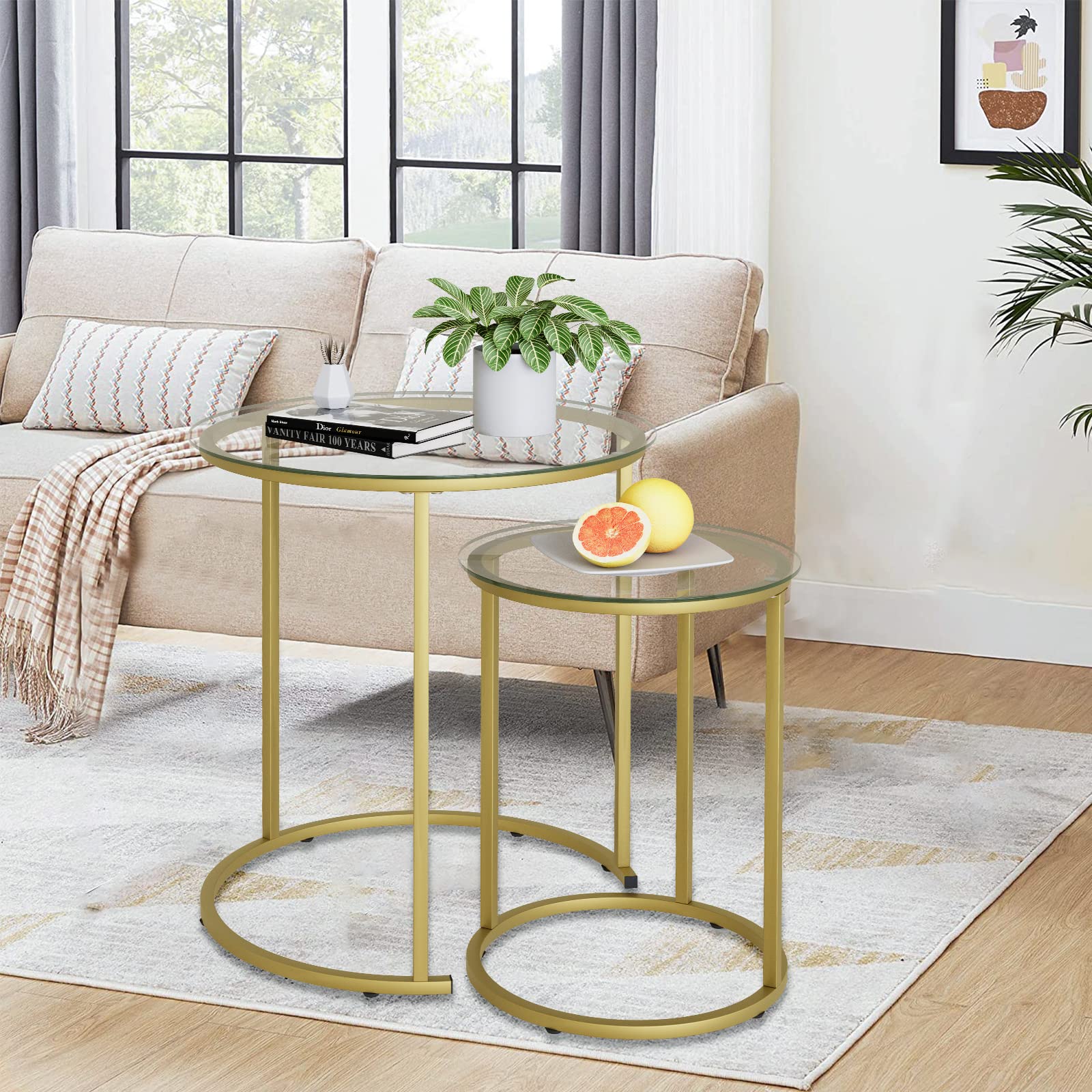 Azheruol Nesting Coffee Table Set of 2,Modern Gold Tempered Glass Side Table, Metal Frame Round End Table.Small Glass Tea Table for Living Room,Bedroom Studio Apartment Essentials,23.2in