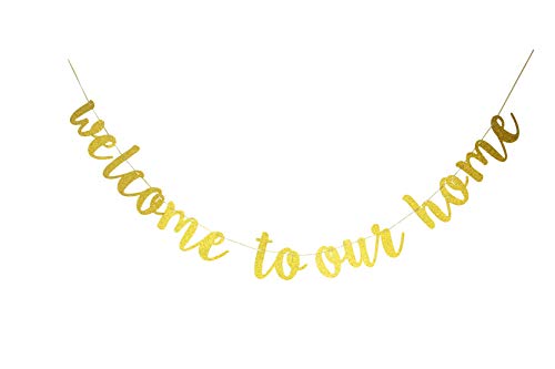 Starsgarden Glitter Gold Welcome to Our Home Banner for Housewarming Patriotic Military Decoration Family Party Supplies Cursive Bunting Photo Booth Props Sign(Gold Welcome Home)