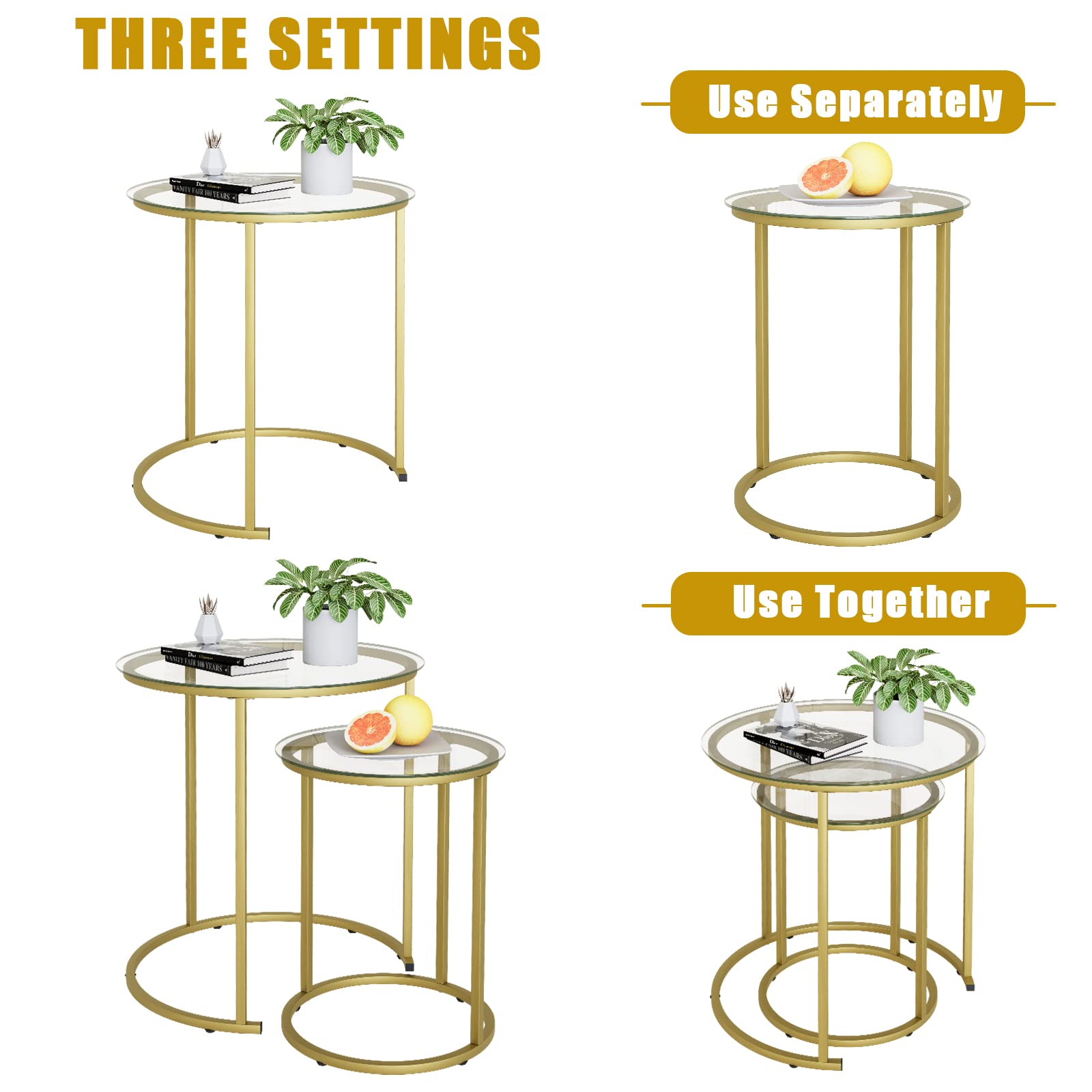 Azheruol Nesting Coffee Table Set of 2,Modern Gold Tempered Glass Side Table, Metal Frame Round End Table.Small Glass Tea Table for Living Room,Bedroom Studio Apartment Essentials,23.2in