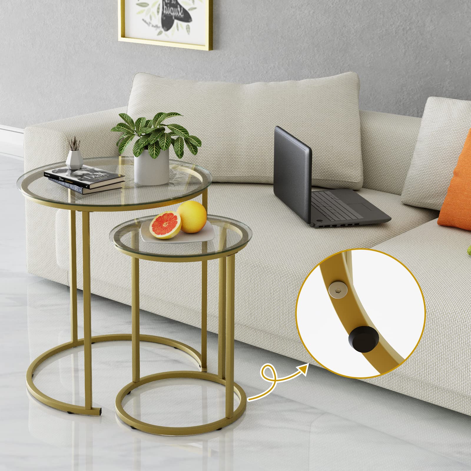 Azheruol Nesting Coffee Table Set of 2,Modern Gold Tempered Glass Side Table, Metal Frame Round End Table.Small Glass Tea Table for Living Room,Bedroom Studio Apartment Essentials,23.2in
