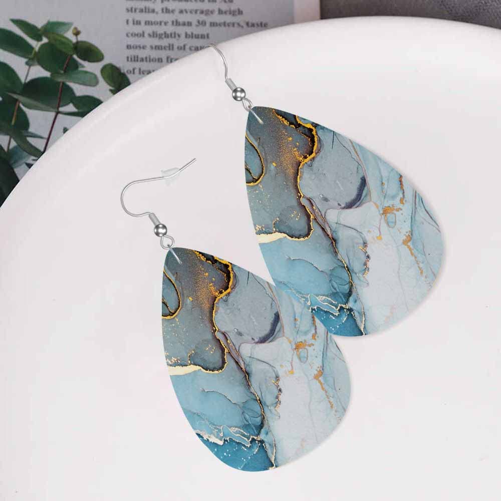 Water Alcohol Ink Leather Earrings for Women Sapphirine and Navy Blue Spots Marbling Art Teardrop Double-Sided Dangle Lightweight Leaf Earrings