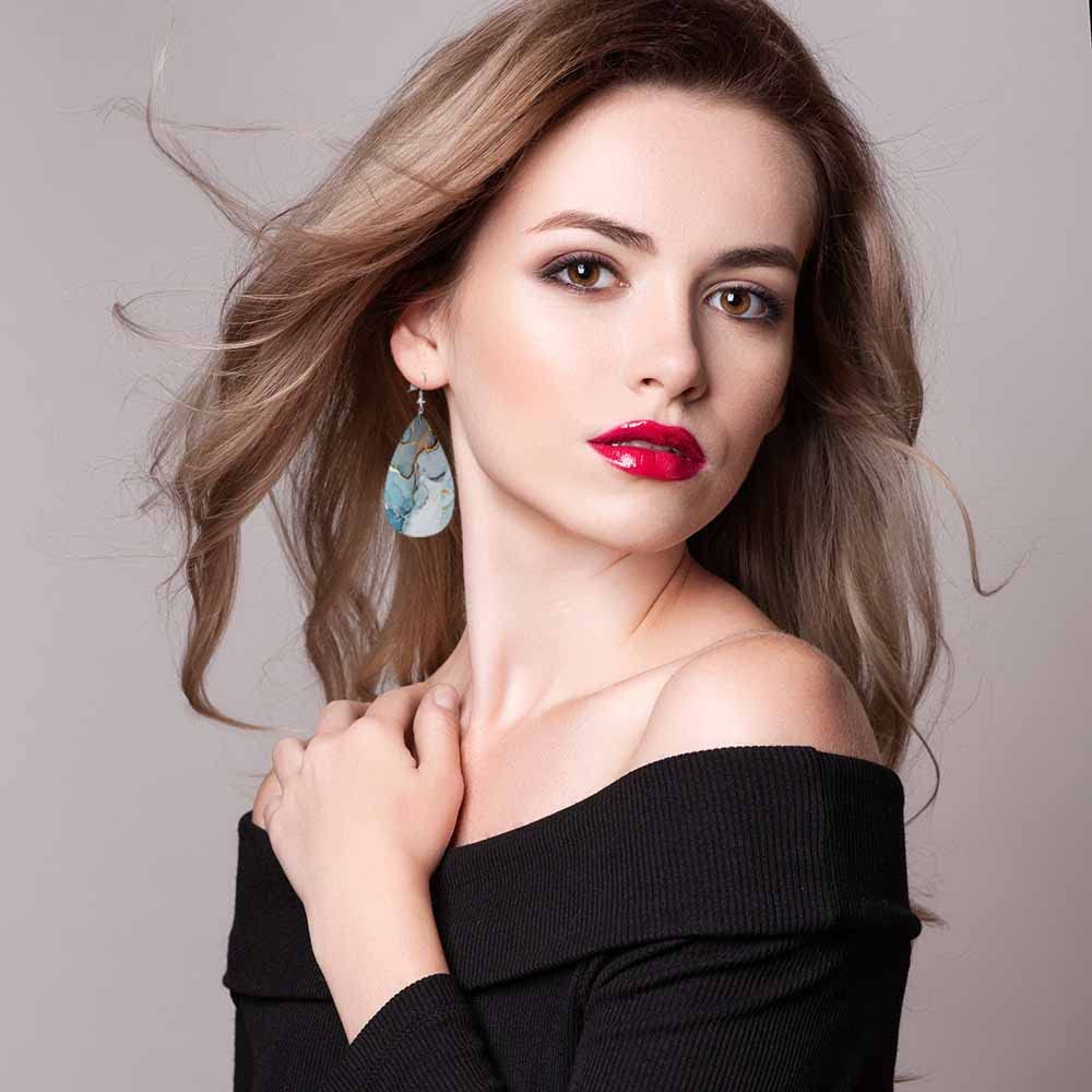 Water Alcohol Ink Leather Earrings for Women Sapphirine and Navy Blue Spots Marbling Art Teardrop Double-Sided Dangle Lightweight Leaf Earrings