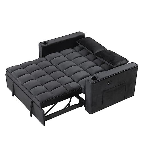 4 in 1 Convertible Pull Out Sleeper Sofa Bed,Adjustable Loveseat Armchair Single Couch Chair with Cup Holder,USB Port,Side Pocket&Pillows for Living Room Apartment Small Space Furniture Set