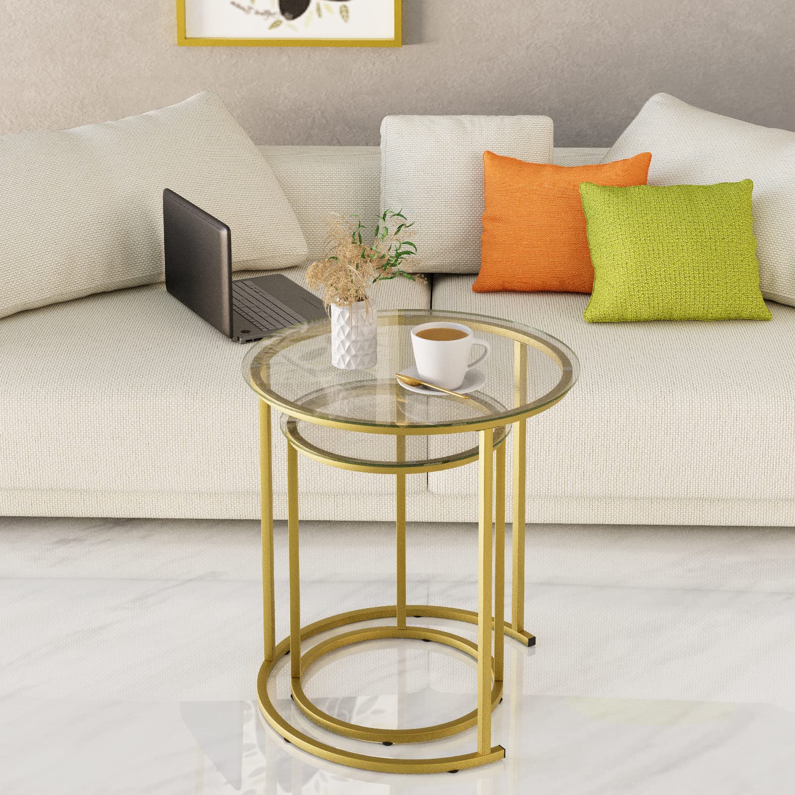 Azheruol Nesting Coffee Table Set of 2,Modern Gold Tempered Glass Side Table, Metal Frame Round End Table.Small Glass Tea Table for Living Room,Bedroom Studio Apartment Essentials,23.2in