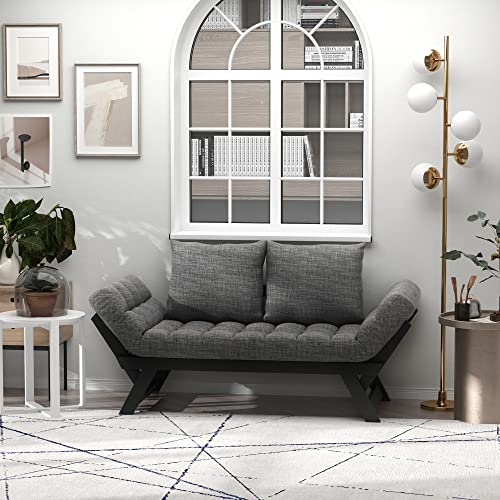 HOMCOM Single Person 3 Position Convertible Chaise Lounger Sofa Bed with 2 Large Pillows and Oak Frame, Dark Gray