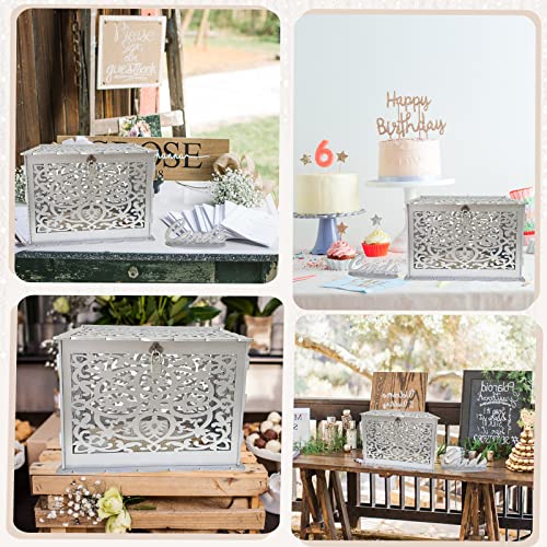 OurWarm Wedding Card Box with Lock, Silver Card Box for Wedding Reception, Wooden Gift Card Box Holder Money Box for Rustic Wedding Party Birthday Baby Shower Graduation Decorations