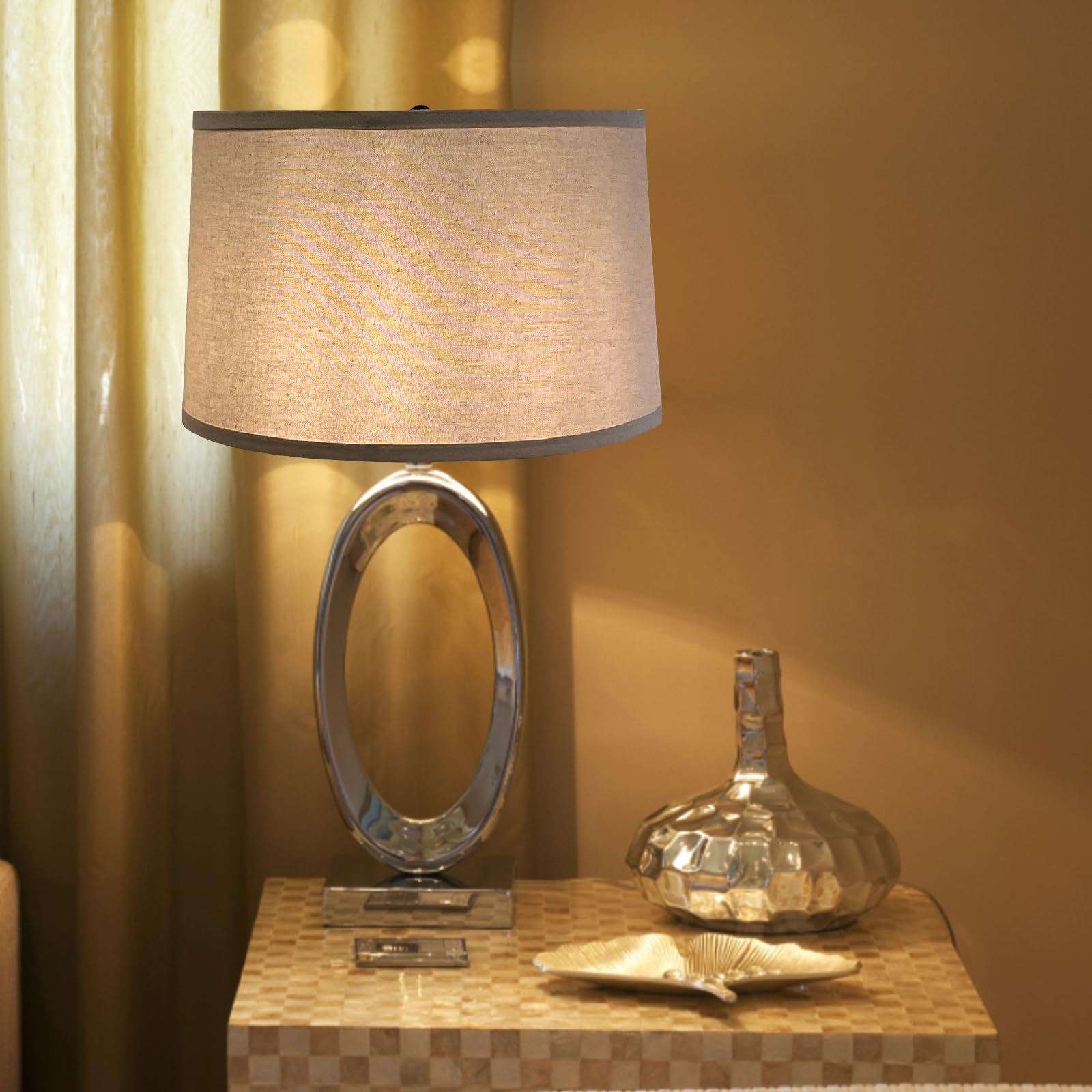 TOOTOO STAR Brown Drum Lamp Shade 13.25"x14.25"x9" inches Assembly Required Natural Linen Lampshade for Table Lamp,Bedside Lamp,Floor Lamp