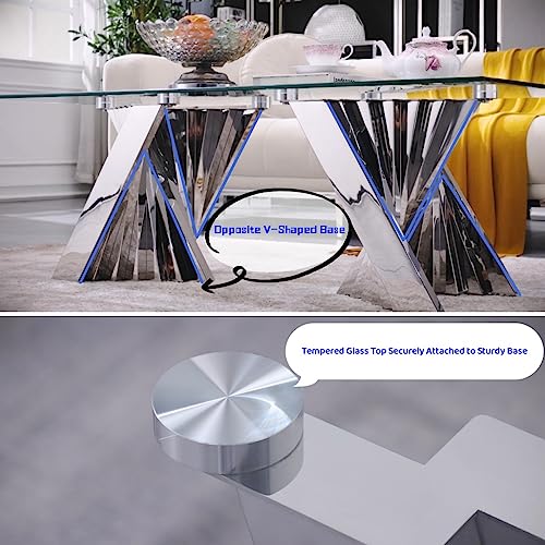 Anewsun Modern Coffee Table, Clear Glass Living Room Coffee Table with Silver Geometric Base