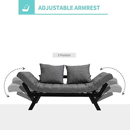 HOMCOM Single Person 3 Position Convertible Chaise Lounger Sofa Bed with 2 Large Pillows and Oak Frame, Dark Gray