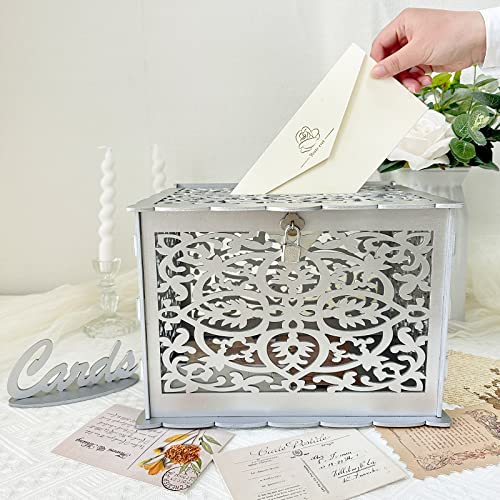 OurWarm Wedding Card Box with Lock, Silver Card Box for Wedding Reception, Wooden Gift Card Box Holder Money Box for Rustic Wedding Party Birthday Baby Shower Graduation Decorations