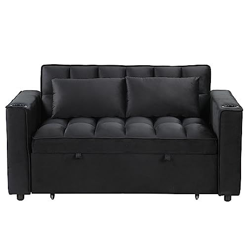 4 in 1 Convertible Pull Out Sleeper Sofa Bed,Adjustable Loveseat Armchair Single Couch Chair with Cup Holder,USB Port,Side Pocket&Pillows for Living Room Apartment Small Space Furniture Set