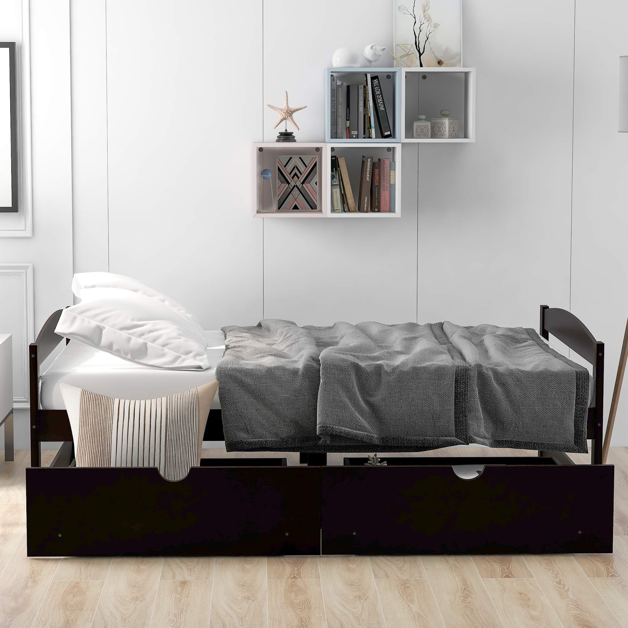 KoiHome Wooden Daybed with 2 Storage Drawers, Twin Size Platform Bed Frame, Daybed Twin for Kids Boy Girls Bedroom,Living Room, Office, No Box Spring Needed, Twin Size Day Beds Sofas in Espresso