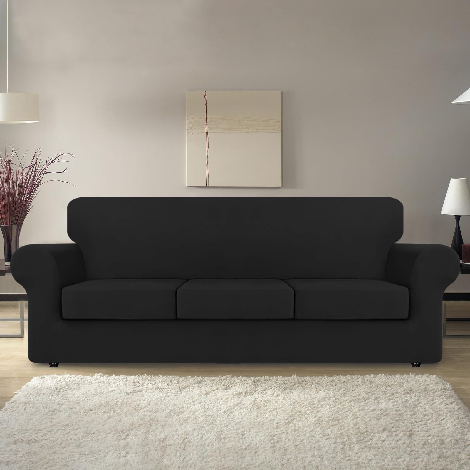 KEKUOU 4 Pieces Stretch Couch Covers for 3 Cushion Couch Sofa pet Friendly， Sofa Covers Washable Soft Elastic Dogs Furniture Protector(Sofa,Black)