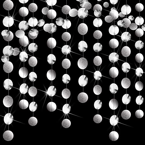 5 Pcs Glitter Disco Party Garland Silver Circle Dots Garland Hanging Streamer Backdrop Holographic Disco Ball Garland 70s 80s 90s Birthday Party Decorations Bachelorette Prom Banner for Bridal Shower
