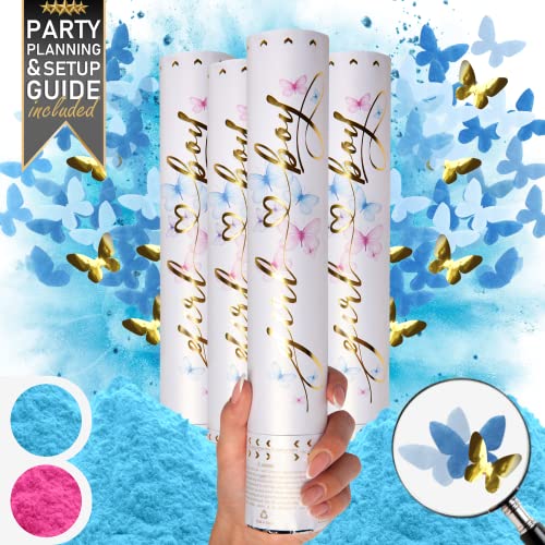 Gender Reveal Confetti Cannon - 4 Pack Butterfly Confetti Poppers | Gender Reveal Ideas | Gender Reveal Powder Cannon Blue, Color Reveal | Gender Reveal Powder Sticks, Blue Confetti | Gender Reveal Party Supplies | Gender Reveal Poppers | Poppers Confetti