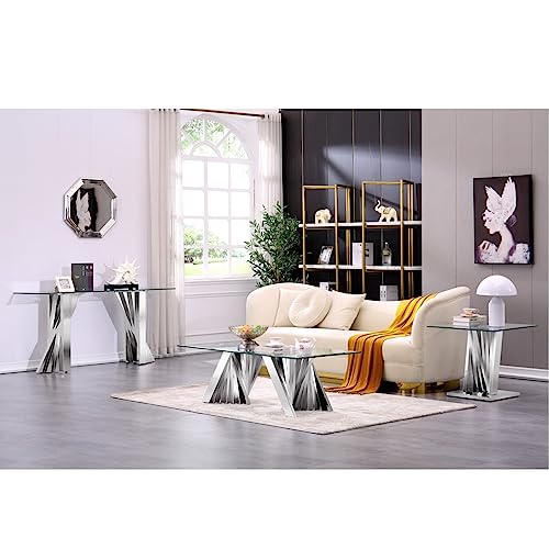 Anewsun Modern Coffee Table, Clear Glass Living Room Coffee Table with Silver Geometric Base